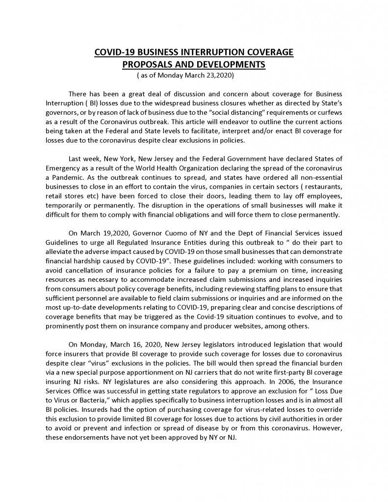 COVID-19 BUSINESS INTERRUPTION COVERAGE PROPOSALS AND DEVELOPMENTS ... COVID-19 BUSINESS INTERRUPTION COVERAGE PROPOSALS AND DEVELOPMENTS ...